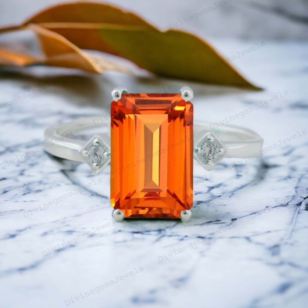 Emerald Cut Orange Sapphire Ring Unique Three Gemstone Engagement Ring ...
