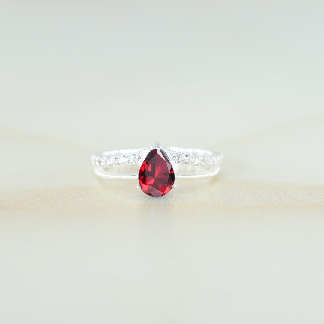925 Sterling Silver Teardrop Garnet Ring Split Shank Art Deco Ring ...