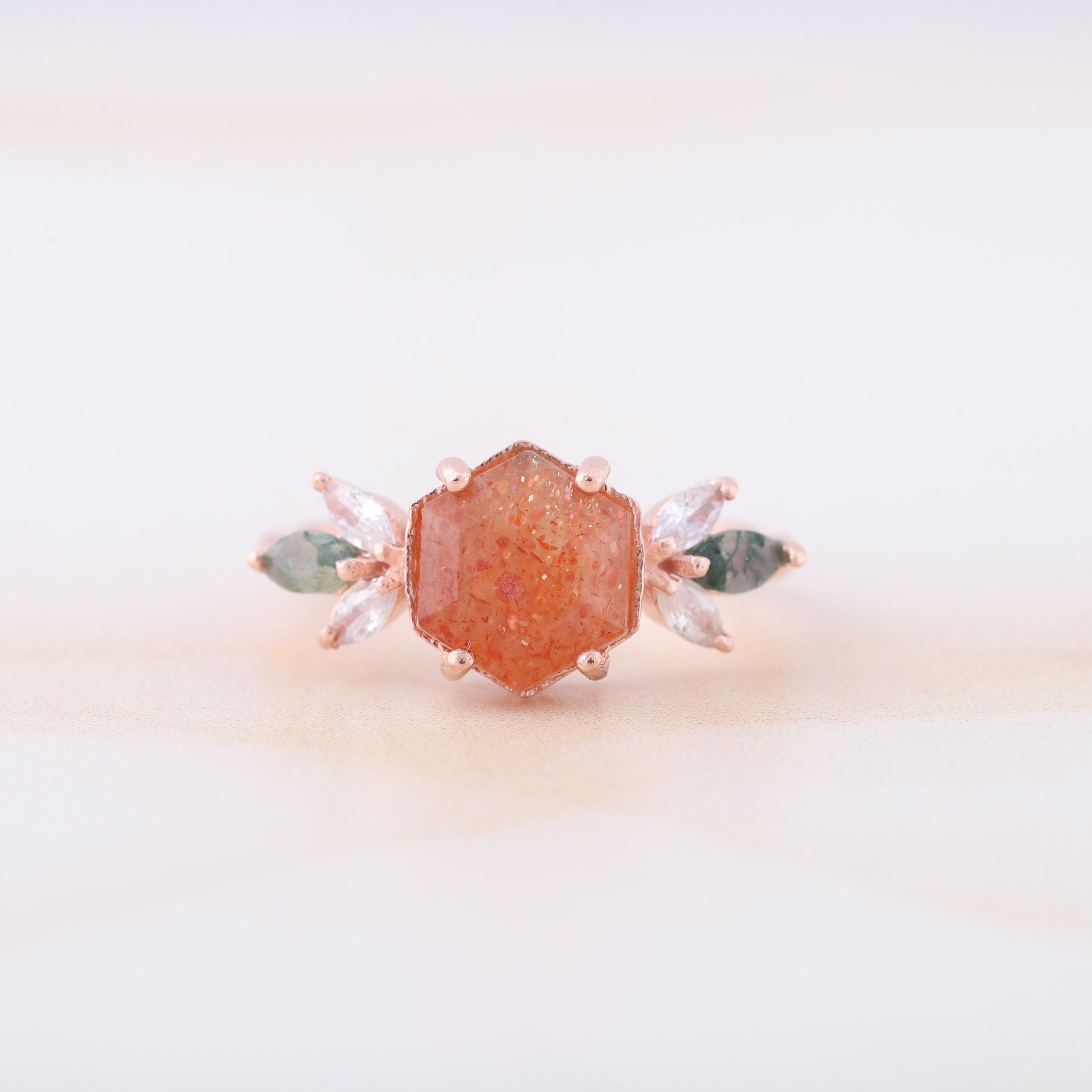 Hexagon Sunstone Engagement Cluster Ring18k Rose Gold Anniversary Gift ...