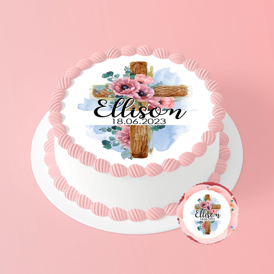 Custom Edible Flower Cross Christening Cake Topper With Name and Date ...
