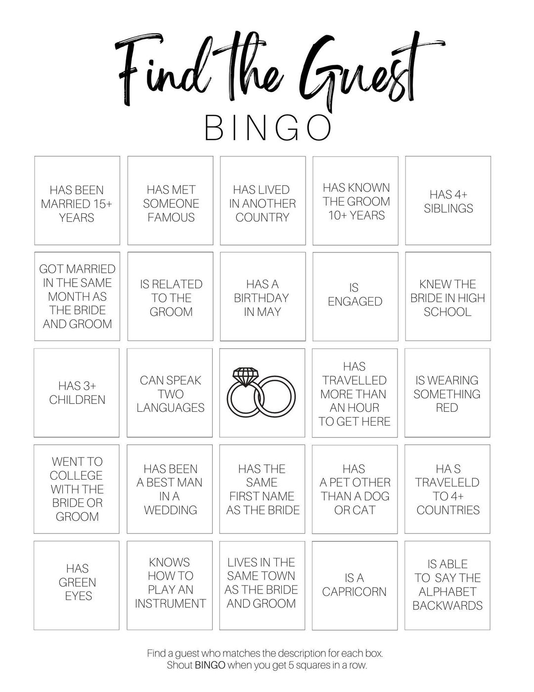 Find the Guest Bingo Wedding Game, Minimalist Bridal Shower Game ...