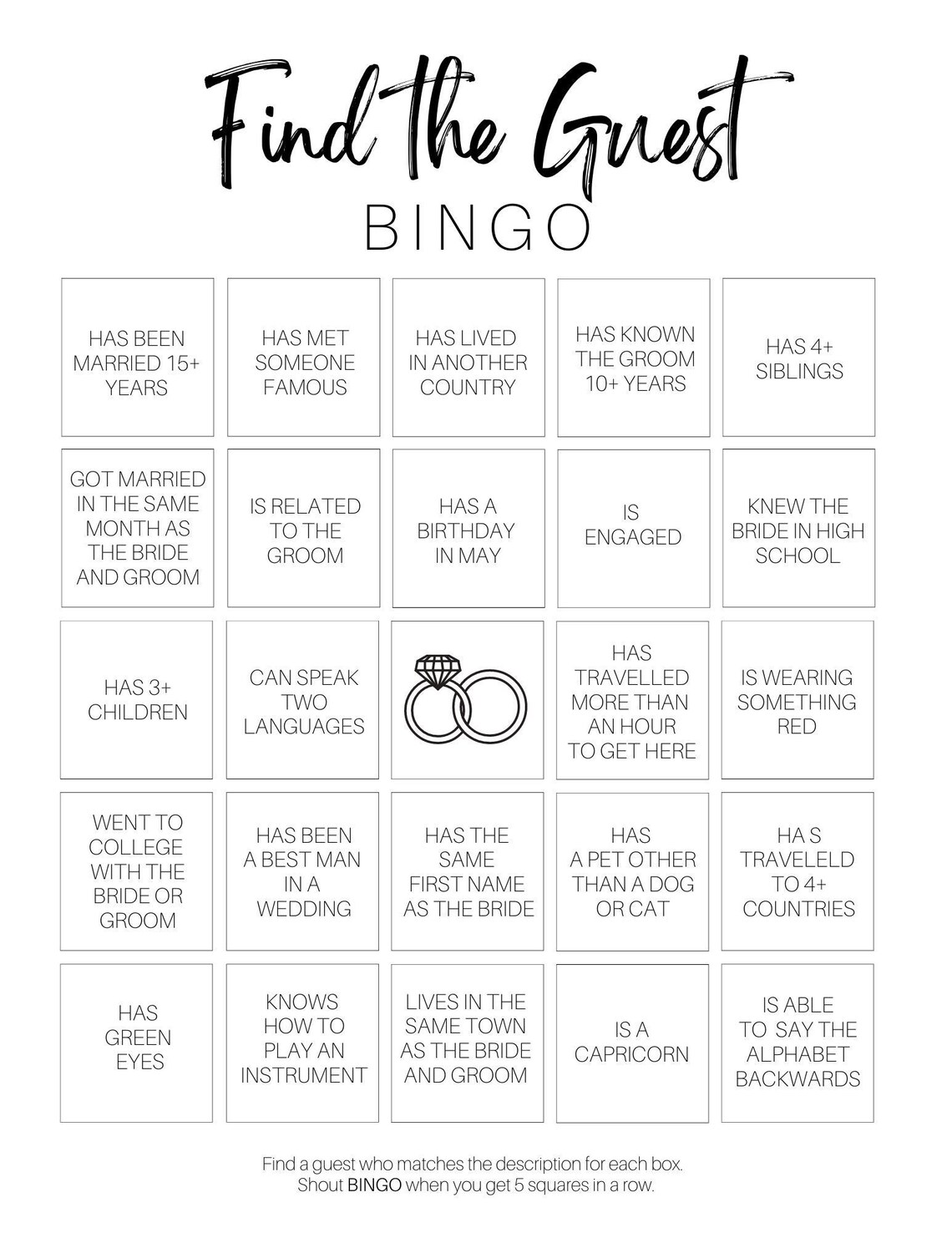Find the Guest Bingo Wedding Game Minimalist Bridal Shower - Etsy