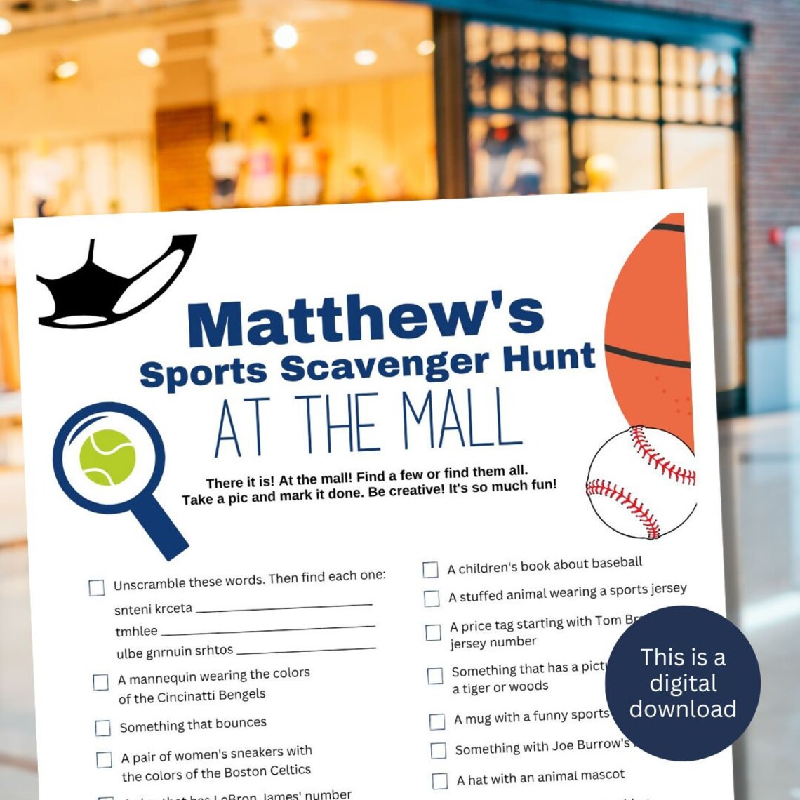 Sports Themed Mall Scavenger Hunt Birthday Party Game, Low Cost ...