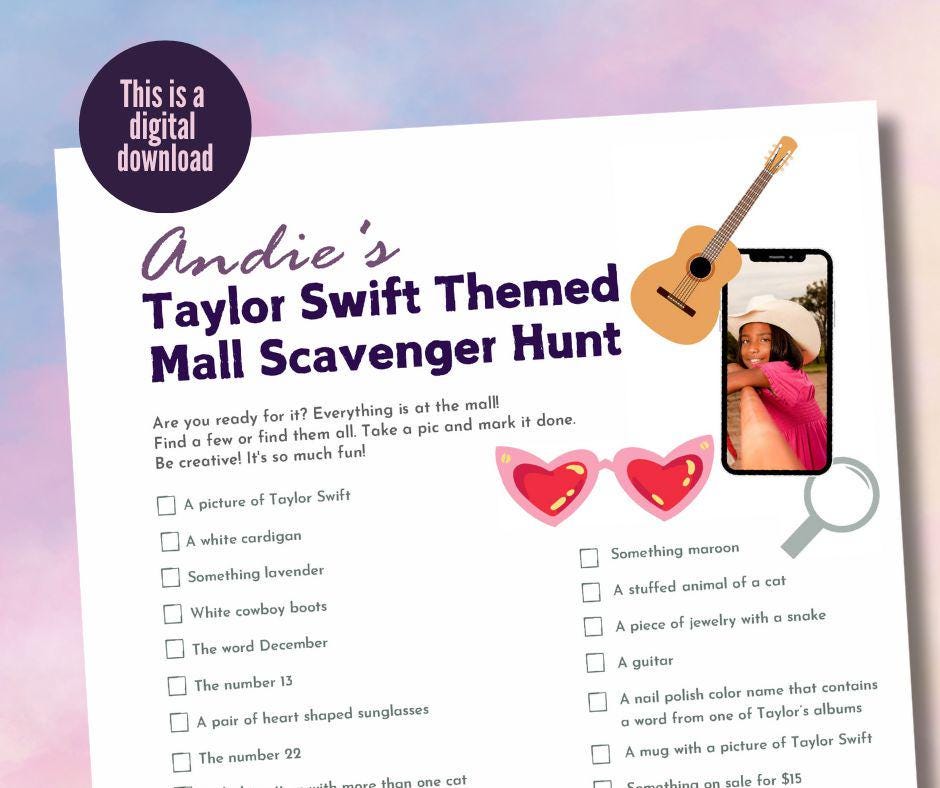 Taylor Swift Mall Scavenger Hunt Birthday Party Game, Low Cost Activity ...