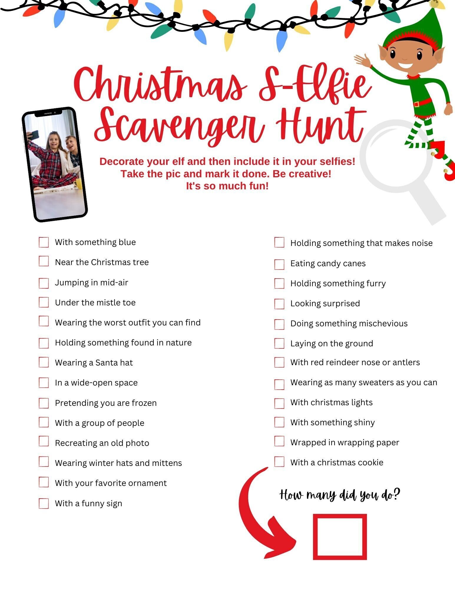 Christmas Scavenger Hunt, Color the Elf and Take S-elfies, Christmas ...