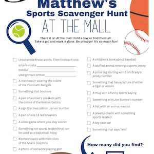 Sports Themed Mall Scavenger Hunt Birthday Party Game, Low Cost ...
