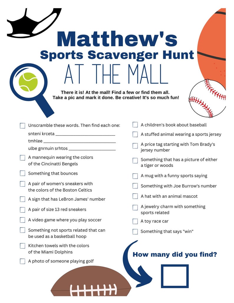 Sports Themed Mall Scavenger Hunt Birthday Party Game, Low Cost ...