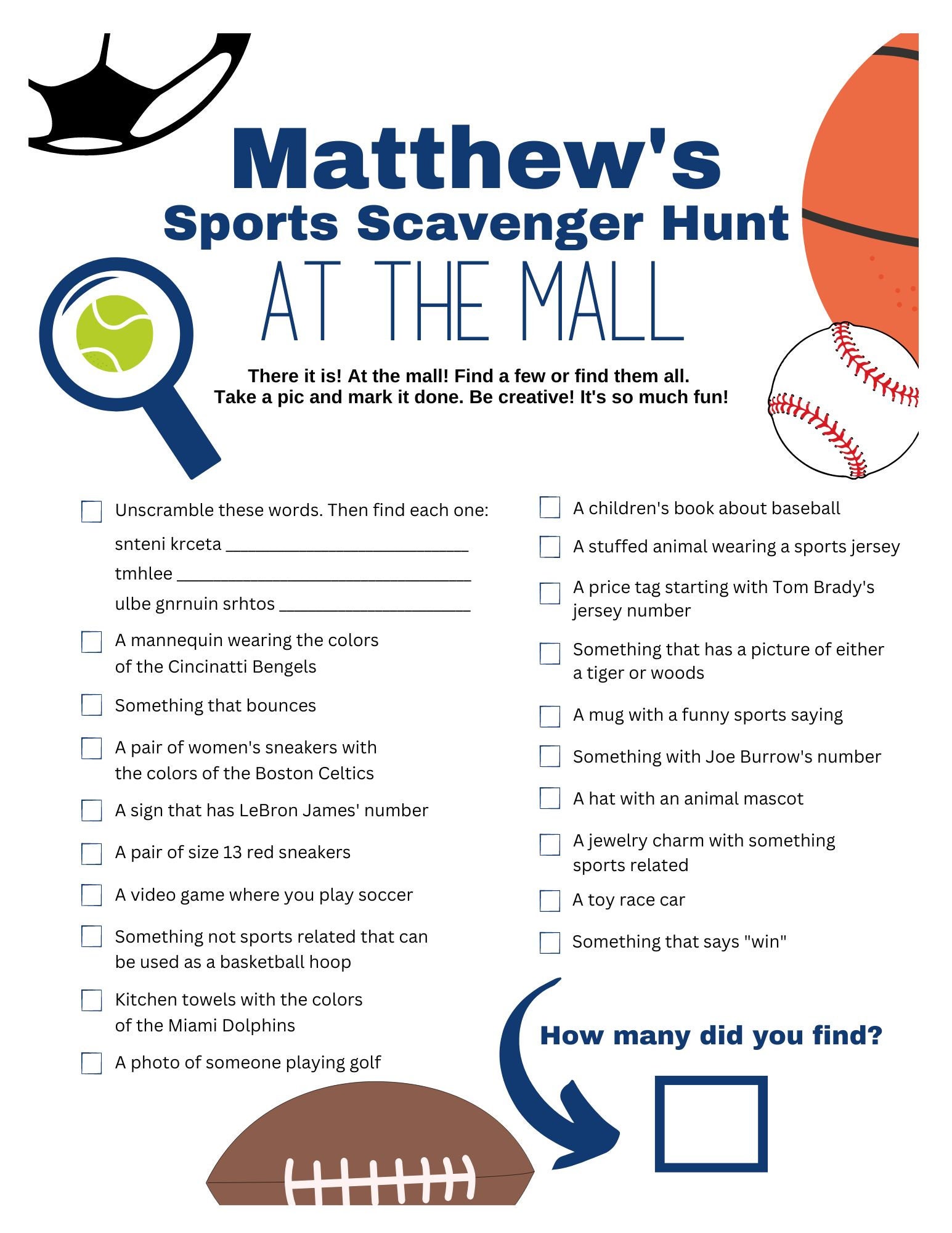 Sports Themed Mall Scavenger Hunt Birthday Party Game, Low Cost ...