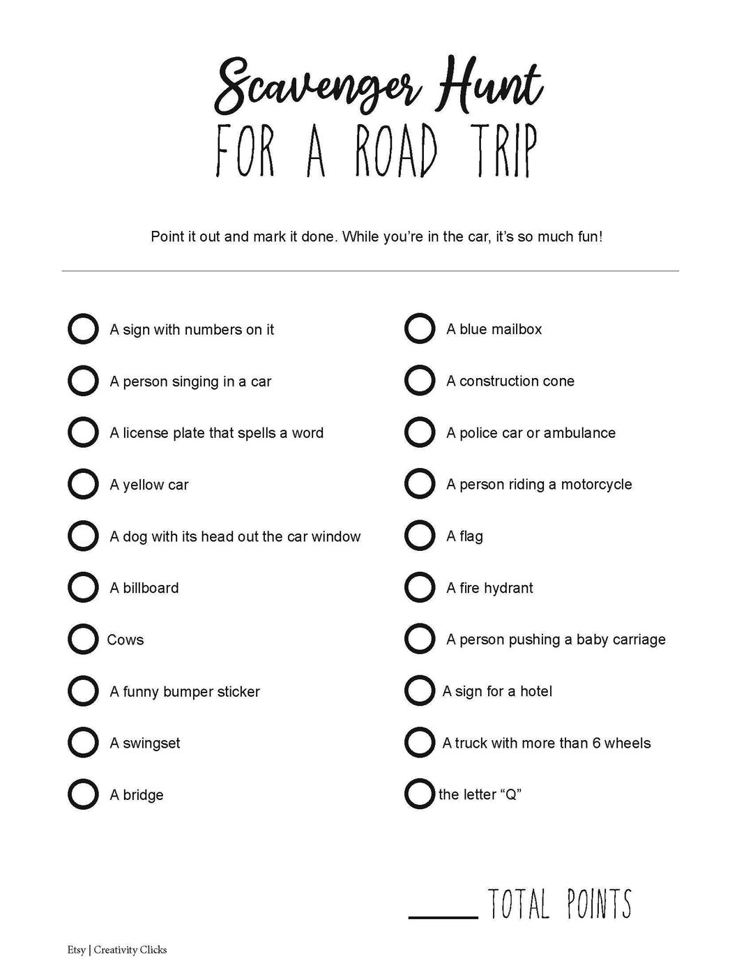 Scavenger Hunt for a Road Trip, Car Ride Activity, Game for Kids While ...
