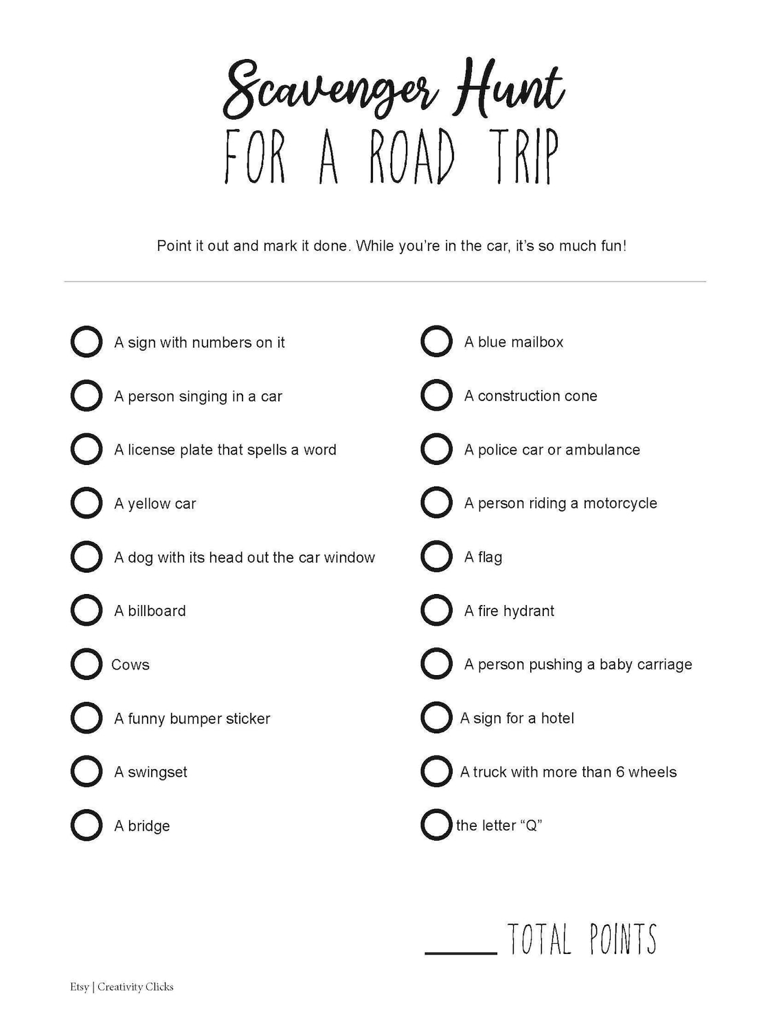Scavenger Hunt for a Road Trip, Car Ride Activity, Game for Kids While ...