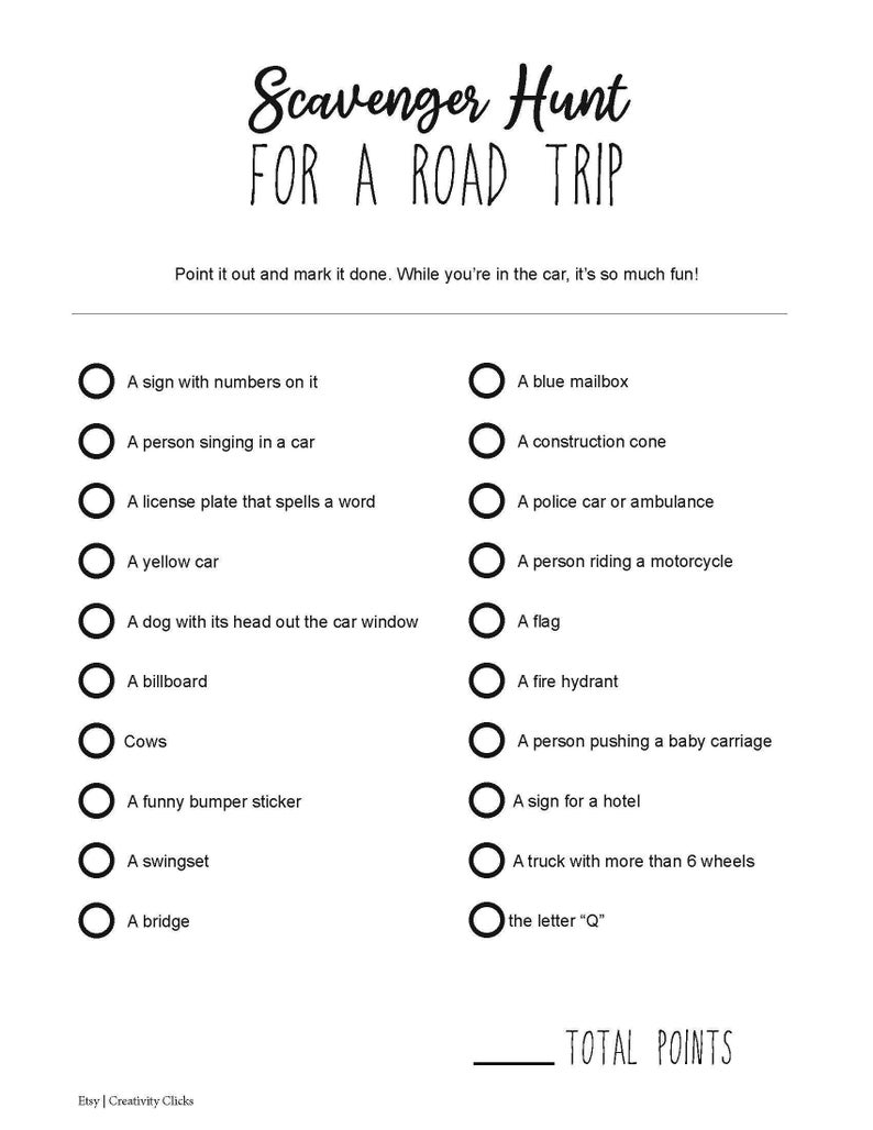 Scavenger Hunt for a Road Trip, Car Ride Activity, Game for Kids While ...