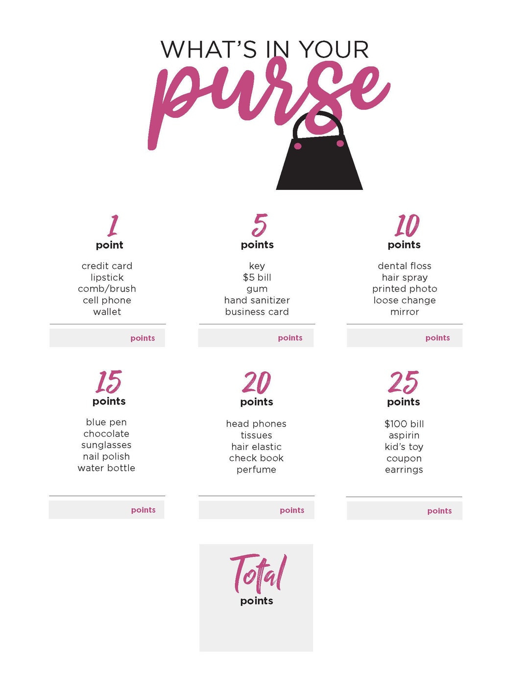 What's in Your Purse Party Game, Bridal Shower Game, Baby Shower ...