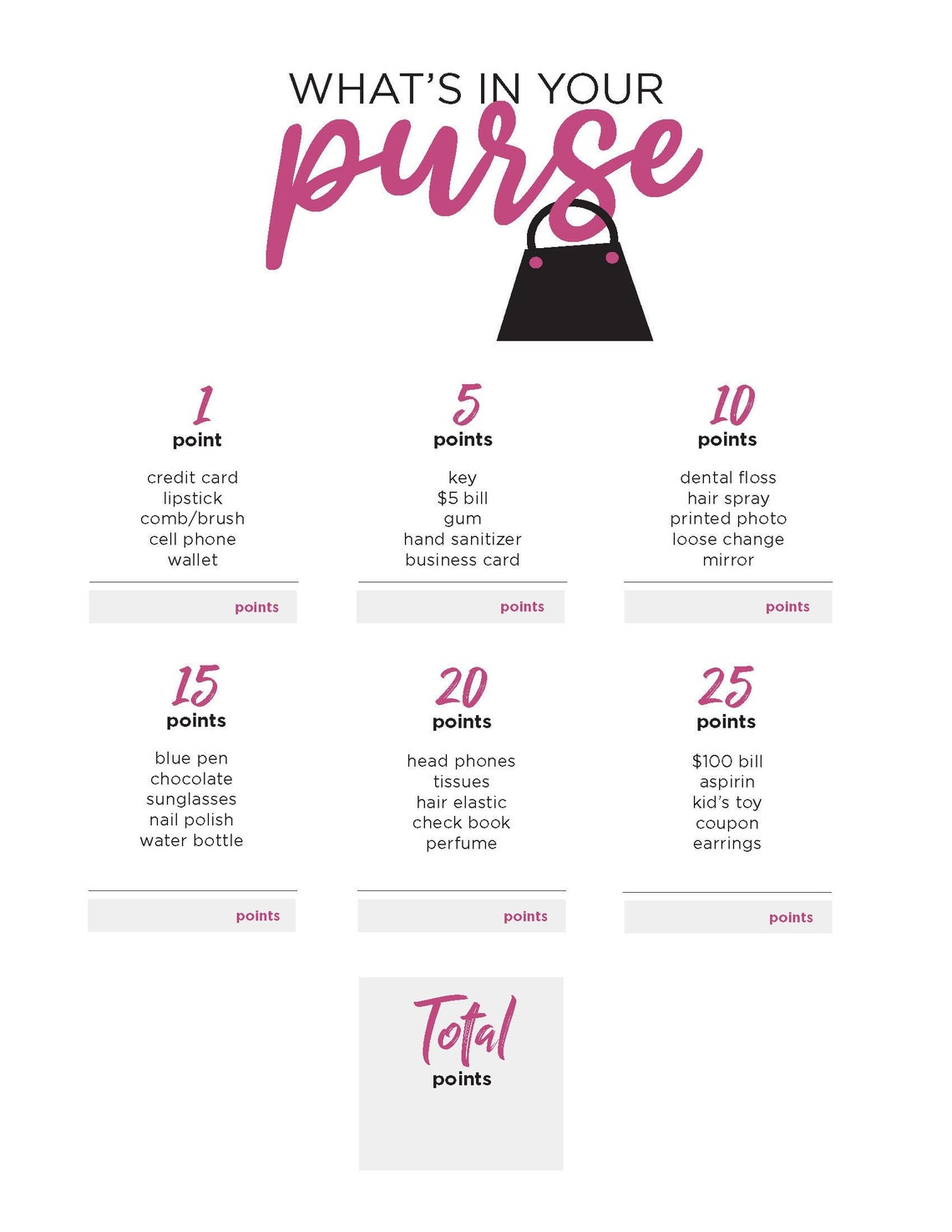 What's in Your Purse Party Game, Bridal Shower Game, Baby Shower ...