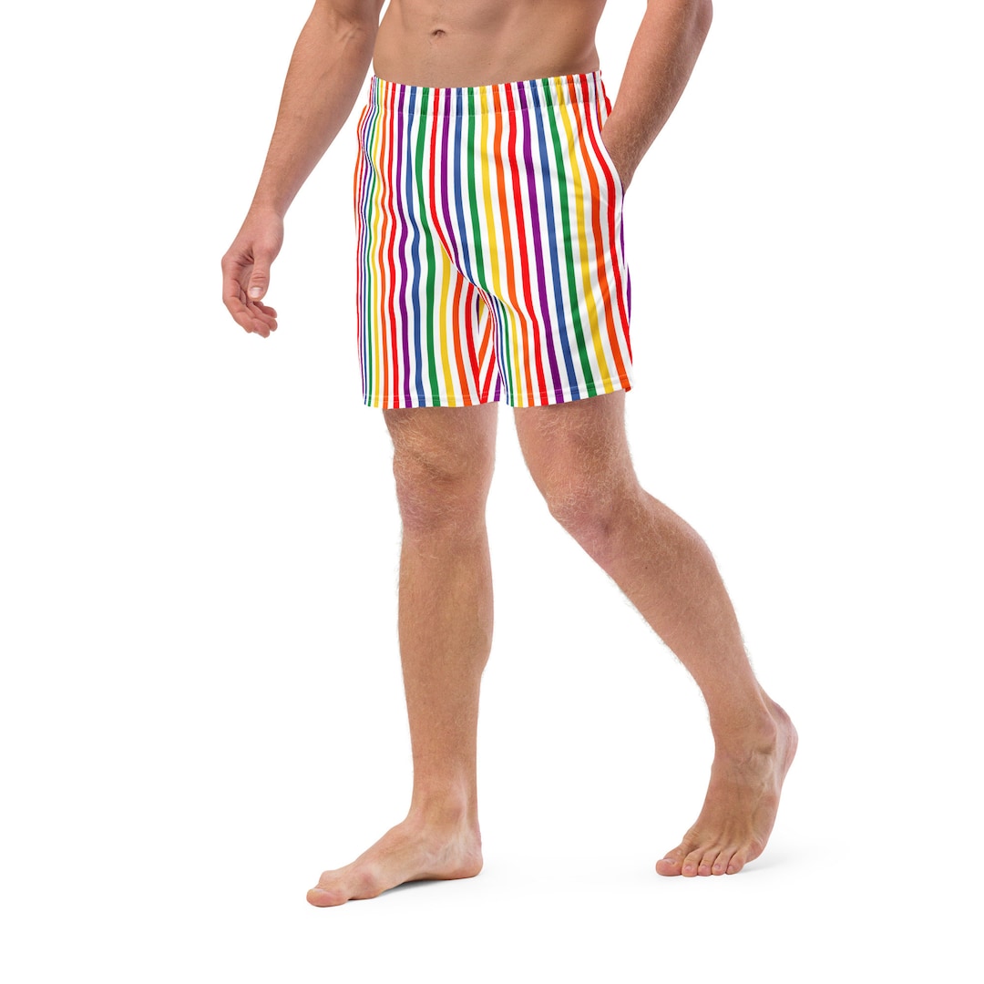 Rainbow Stripe Pride Men's Swim Trunks Drawstring Swimsuit Mid-length ...