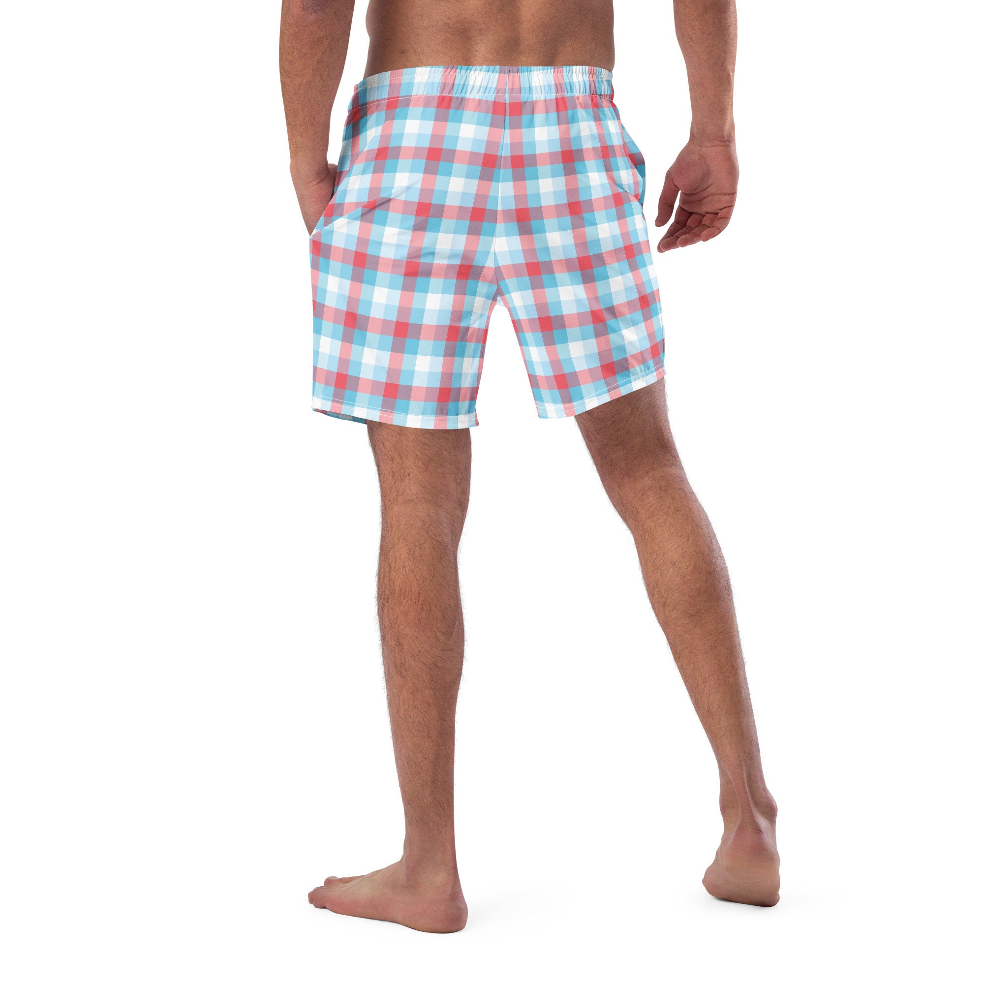 Men's Swim Trunks Drawstring Swimsuit Mid-length Red and Blue Plaid ...