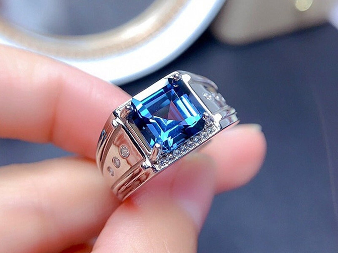 Natural Blue Topaz Ring / 9k,14k,18, Solid Gold Ring for Men,/ 925 ...