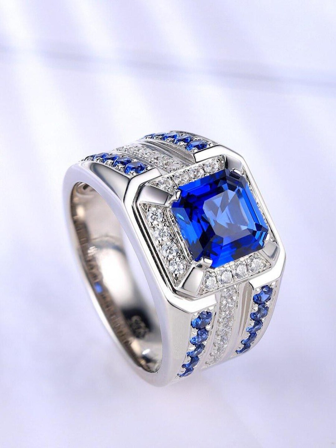 Blue Sapphire Men Ring 925 Sterling Silver/14k Solid Gold Engagement ...