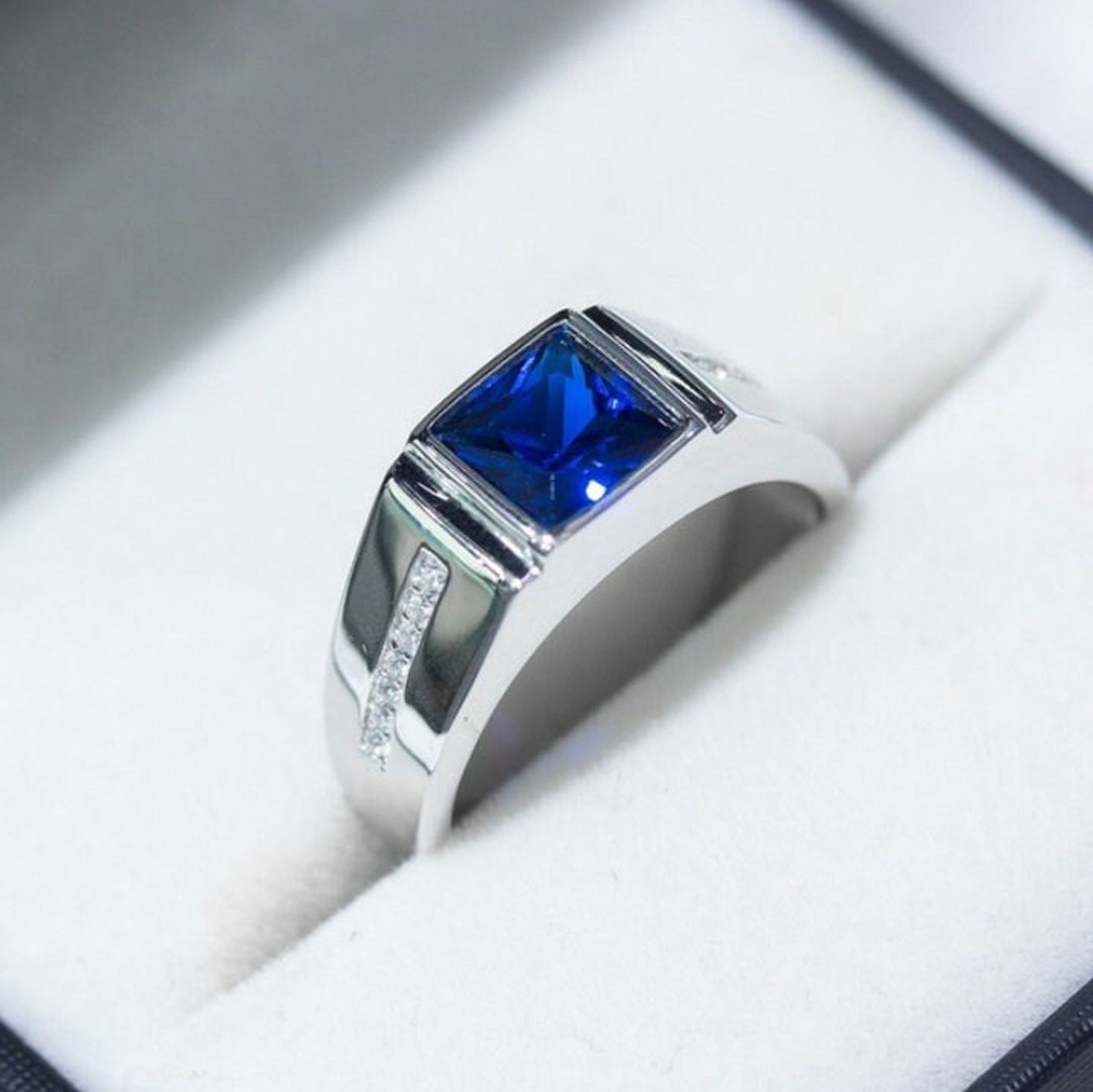 Blue Sapphire Men Ring 925 Sterling Silver Engagement/ Solid Gold Ring ...