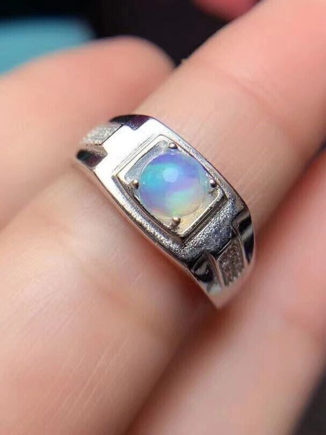 Natural Opal Men's Ring 925 Sterling Silver Ring for Him, Signet Ring ...