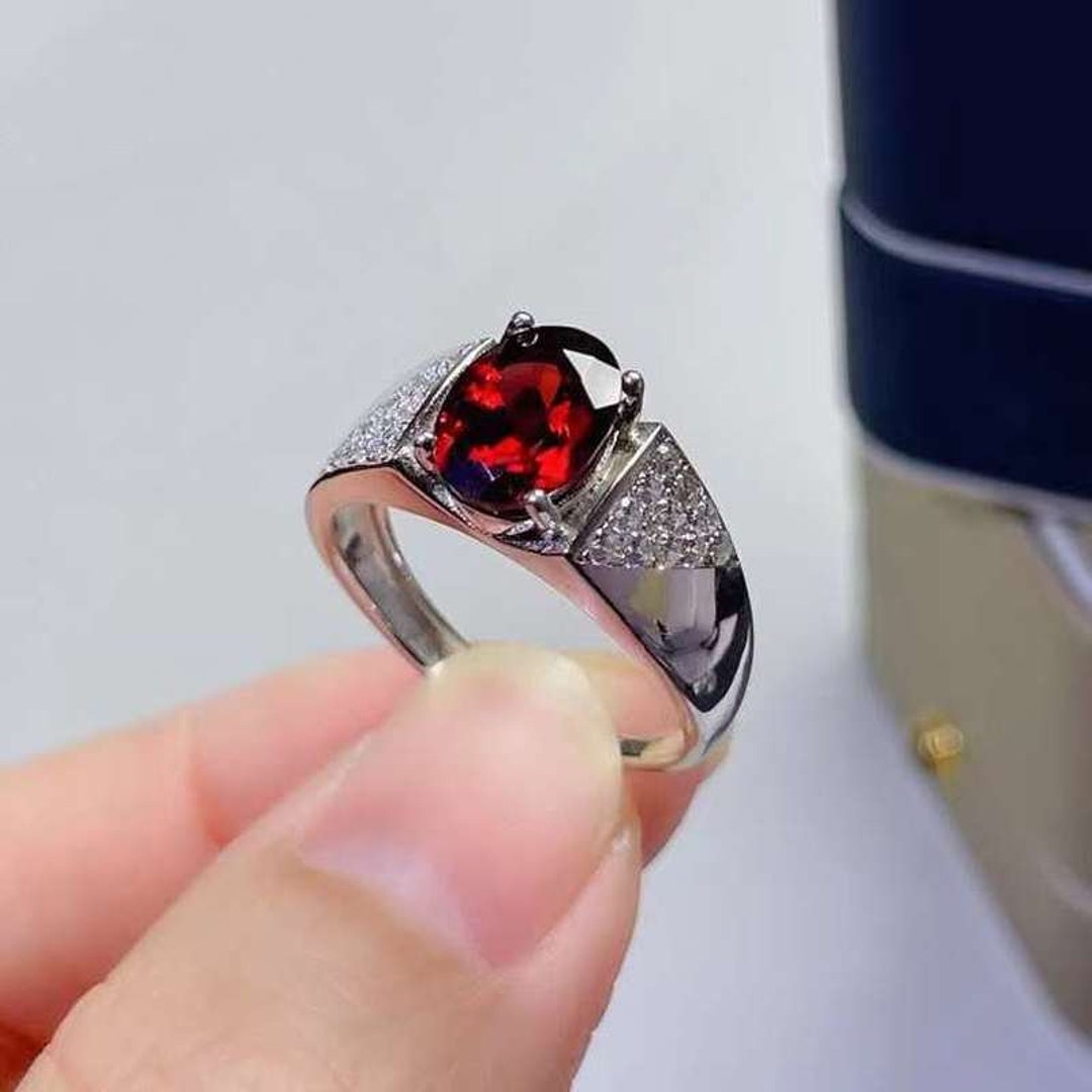 Natural Garnet Ring Mens Garnet Ring 925 Sterling Silver Gift for Him ...