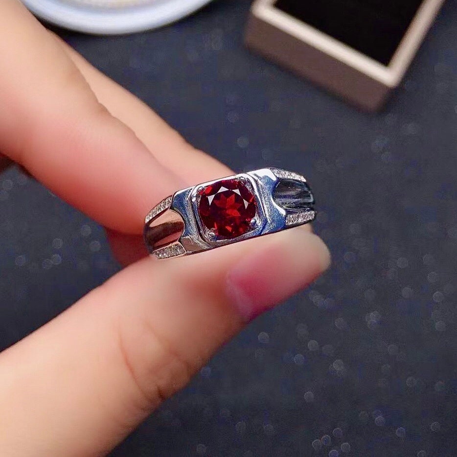 Natural Garnet Ring Mens Garnet Ring 925 Sterling Silver Gift for Him ...