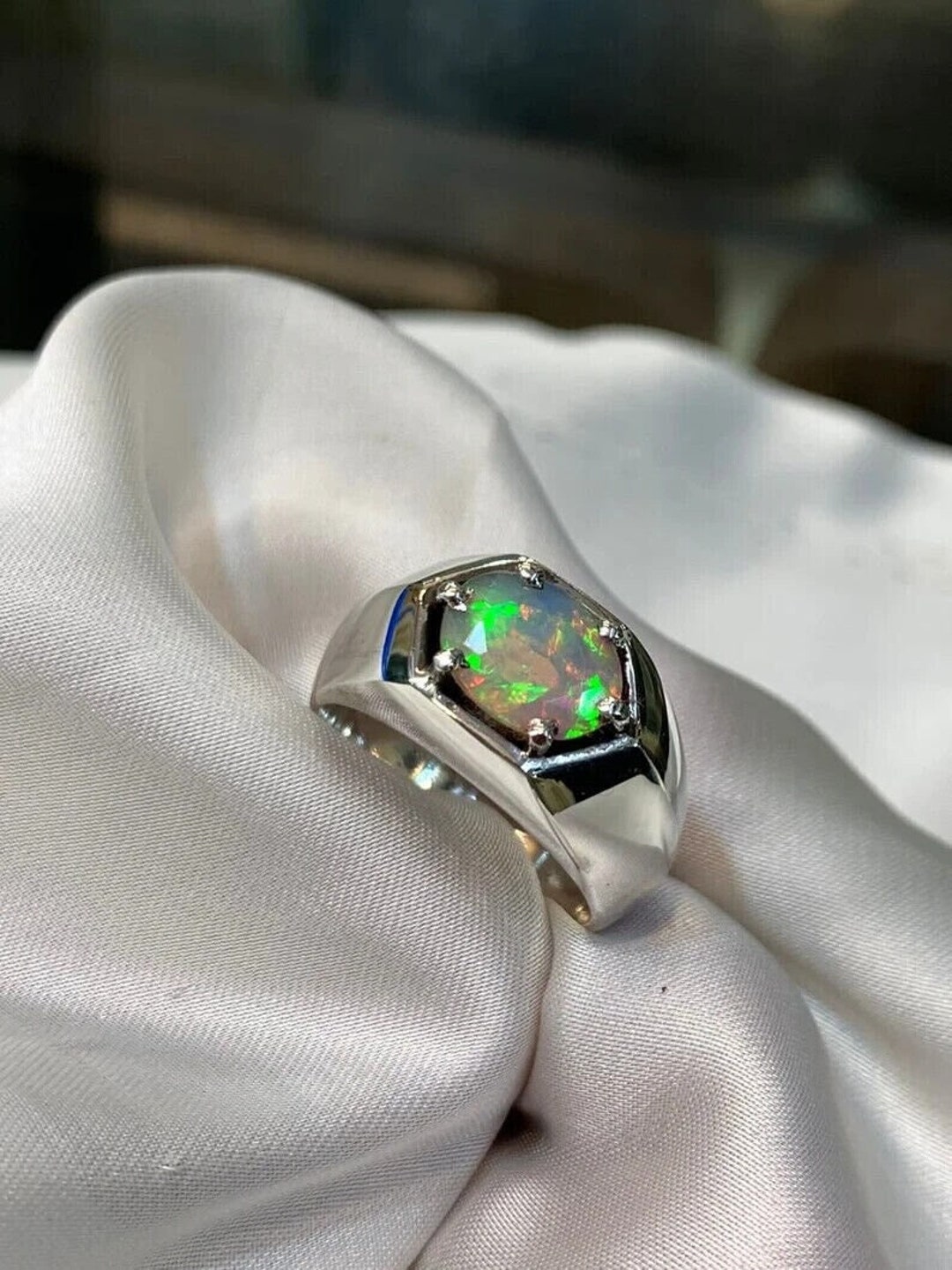 Natural Opal Men's Ring 925 Sterling Silver Ring for Him, Signet Ring ...