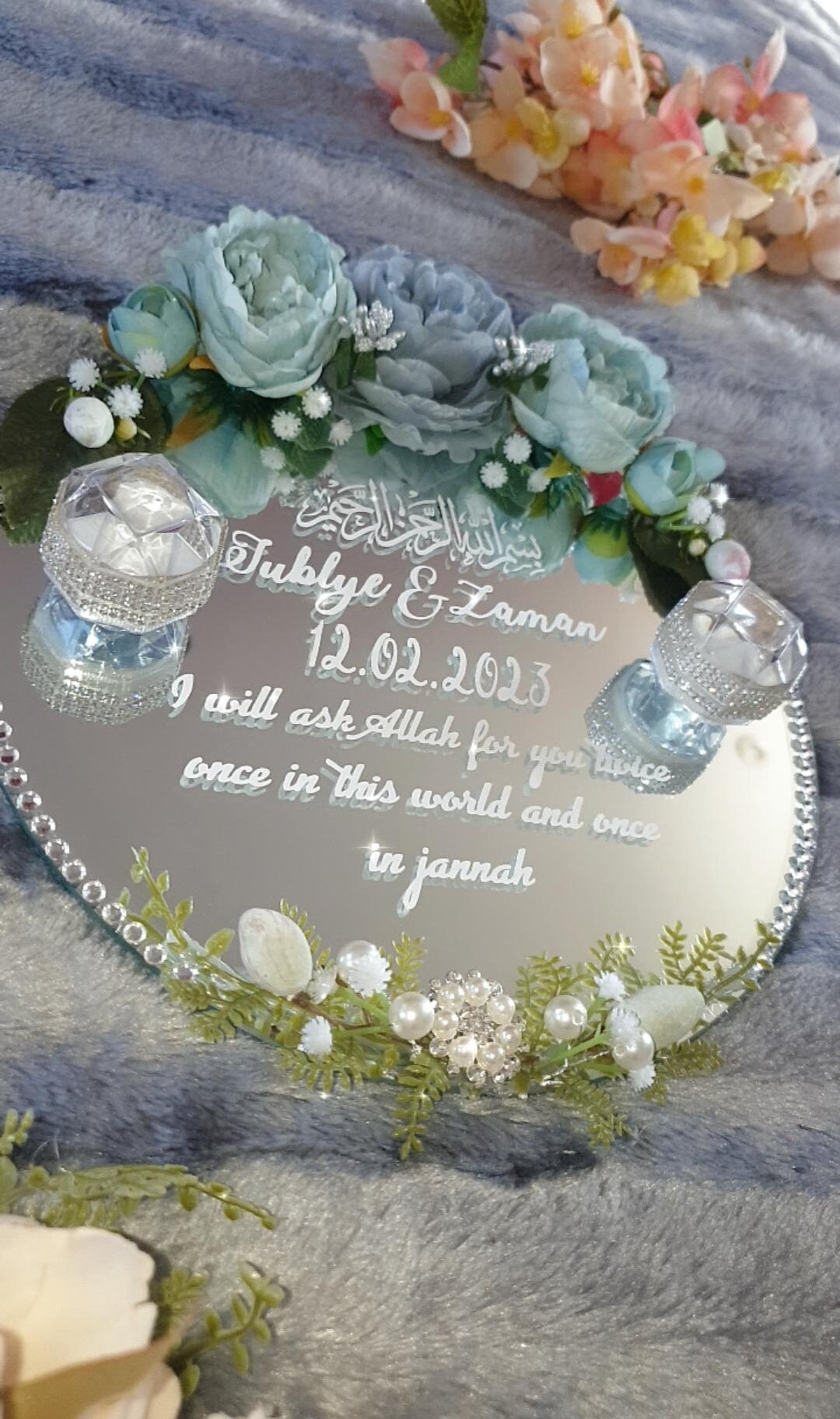 Nikkah Ring Tray,pastel Blue Flowers Engagement Mirror Ring Plate,red ...