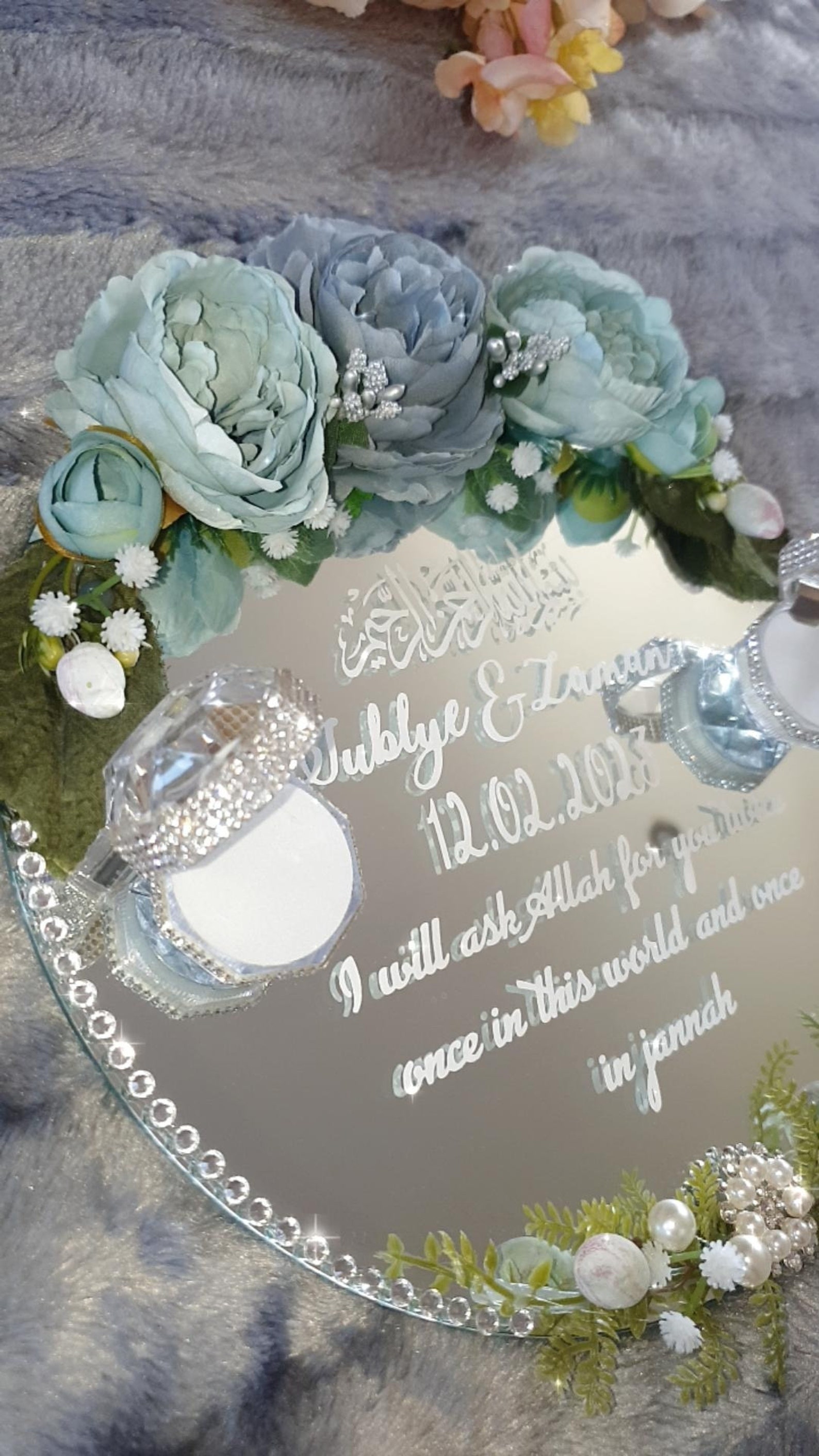 Nikkah Ring Tray,pastel Blue Flowers Engagement Mirror Ring Plate,red ...