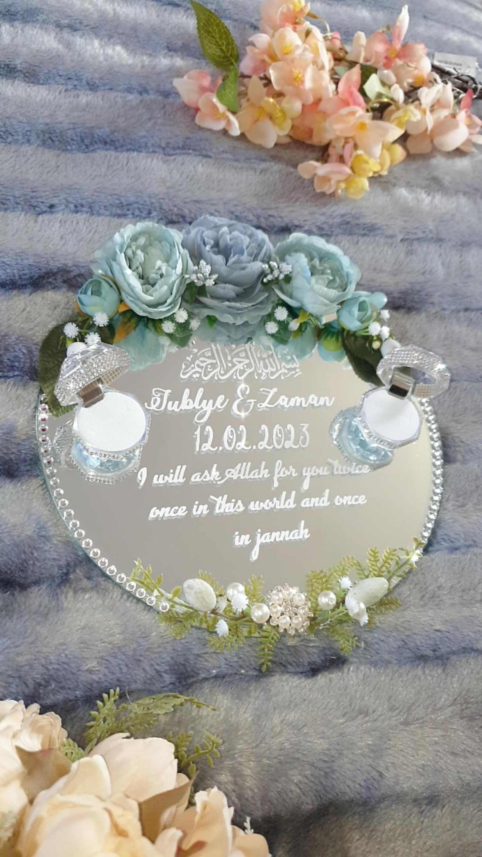 Nikkah Ring Tray,pastel Blue Flowers Engagement Mirror Ring Plate,red ...
