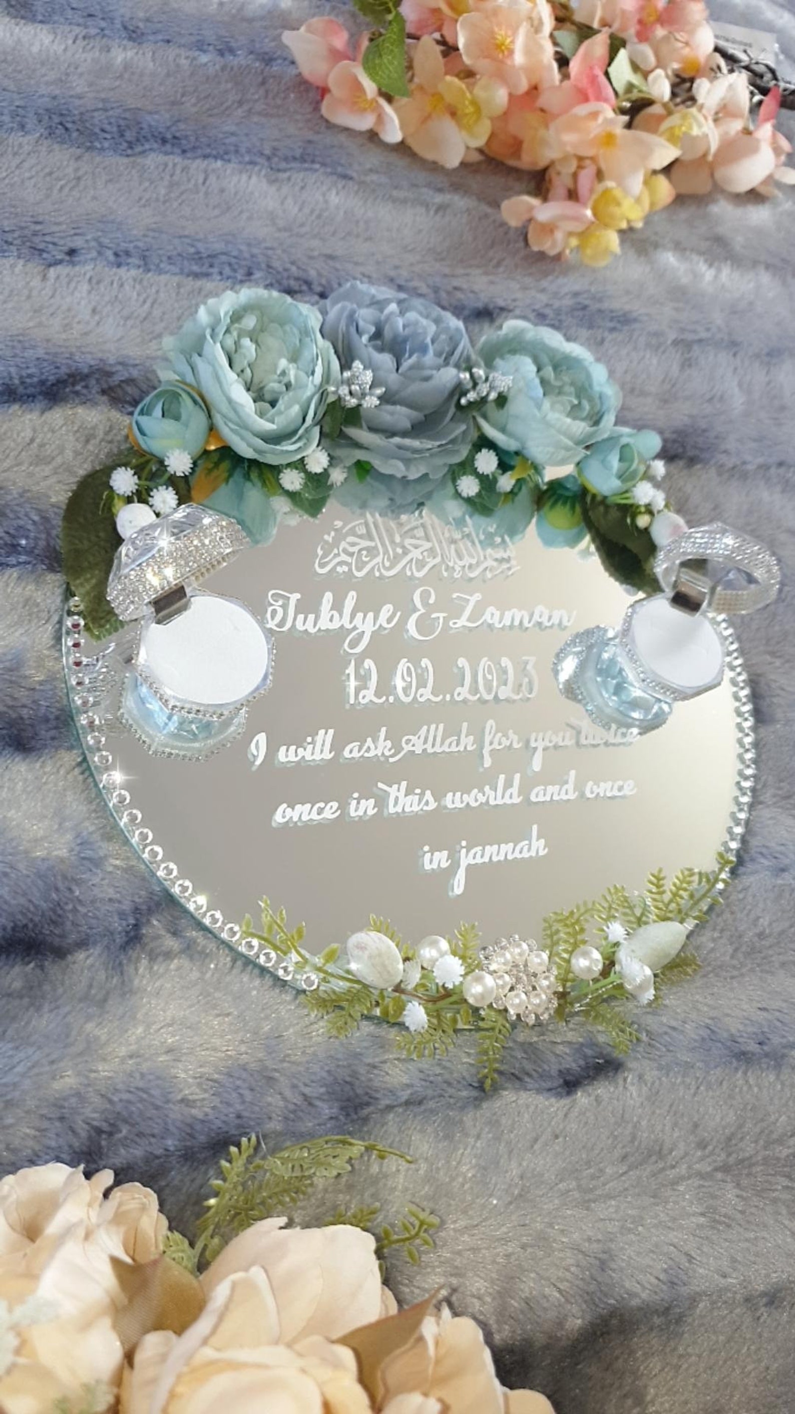 Nikkah Ring Tray,pastel Blue Flowers Engagement Mirror Ring Plate,red ...