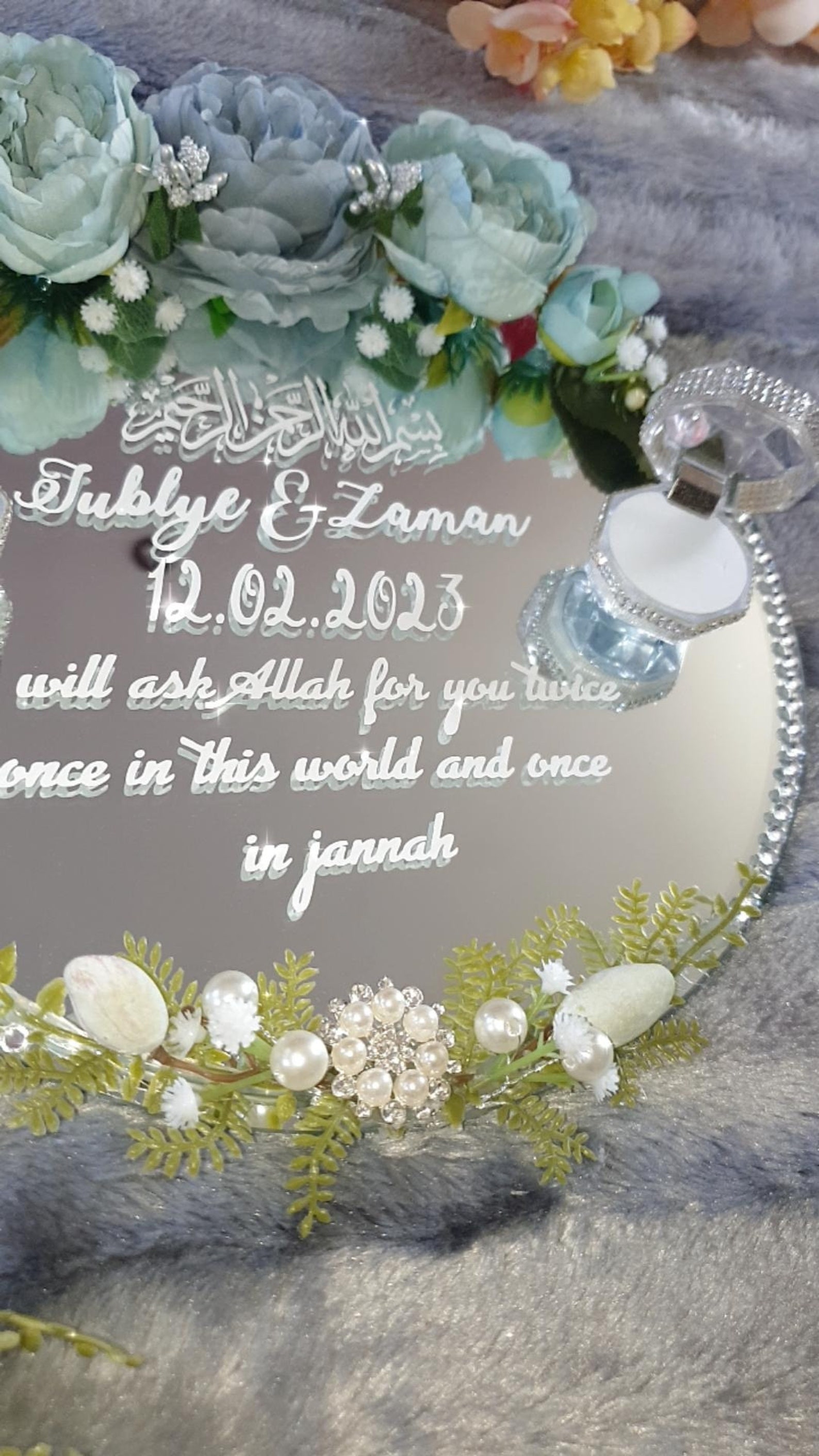 Nikkah Ring Tray,pastel Blue Flowers Engagement Mirror Ring Plate,red ...
