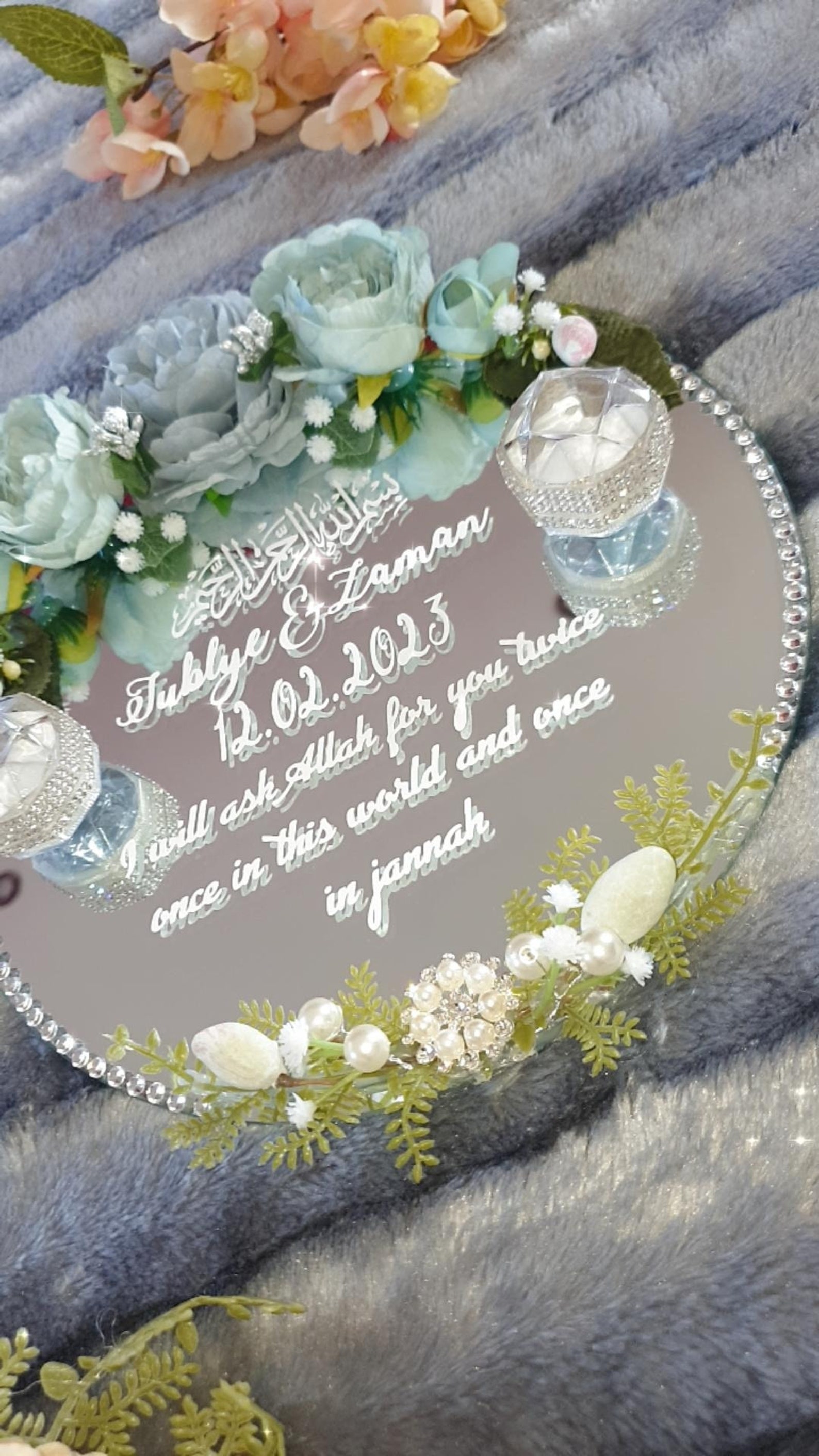 Nikkah Ring Tray,pastel Blue Flowers Engagement Mirror Ring Plate,red ...