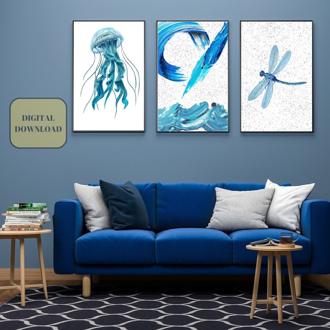 BLUE ABSTRACT ART Wall Decor Set of 3 Colorful Decor Living Room Wall ...