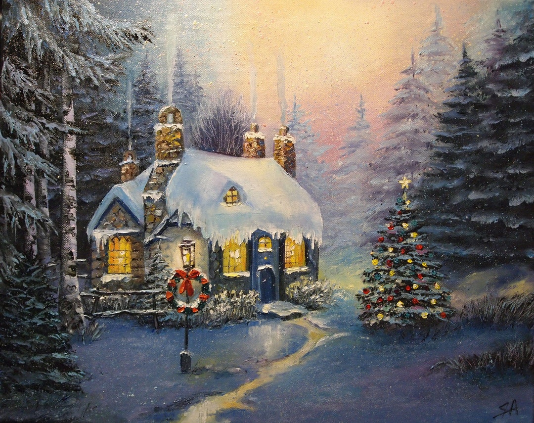 Christmas Wall Decor Winter Landscape Oil Painting Canvas Original New ...