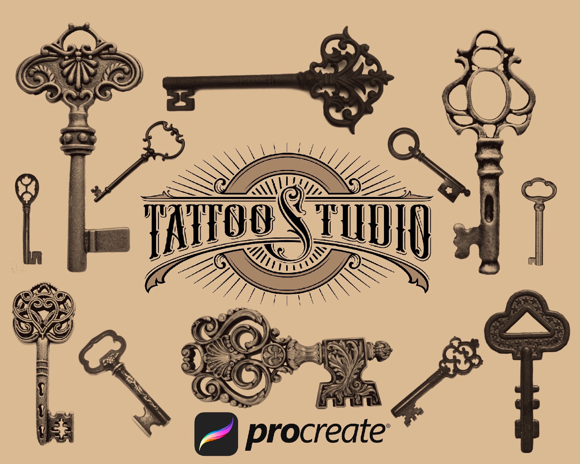 32 Procreate Key Stamps, Vintage Key Tattoo Stamps, Procreate Key ...