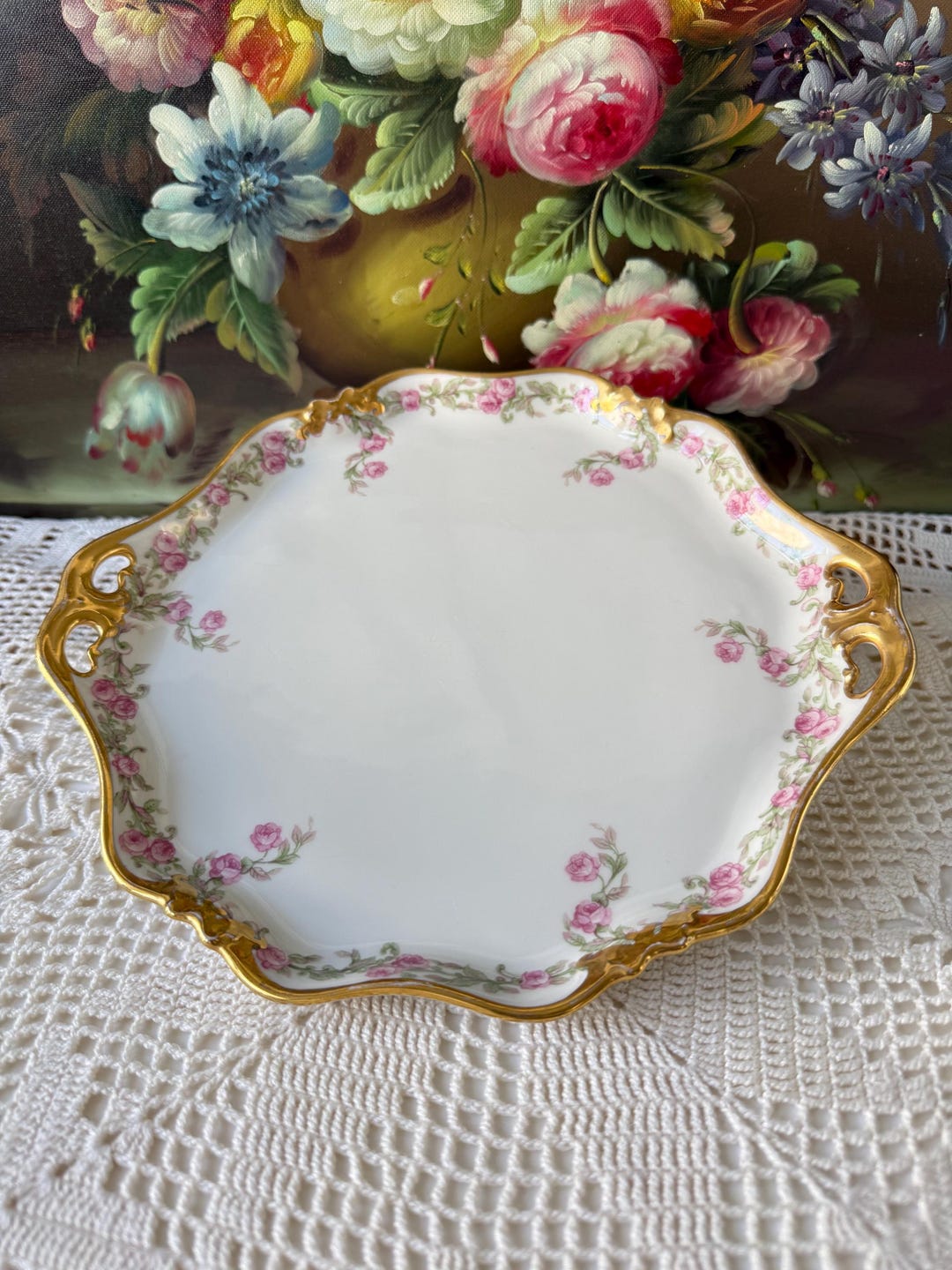Antique Limoges Cake Plate: Early 1900s French Porcelain, Pink Rose ...