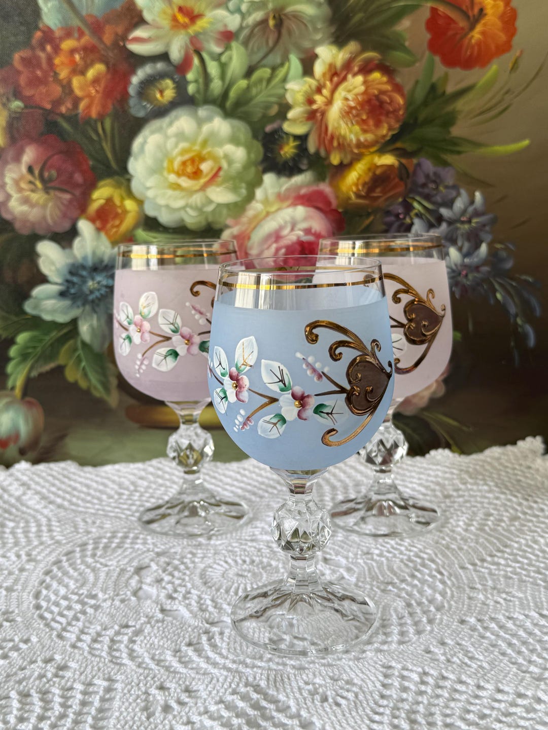 Vintage Hand-painted Floral Wine Goblets, Pastel Frosted Crystal, Gold ...