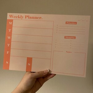 Weekly Planner Notepad A4 Tear off Pad Pink 50 Pages Organisation ...