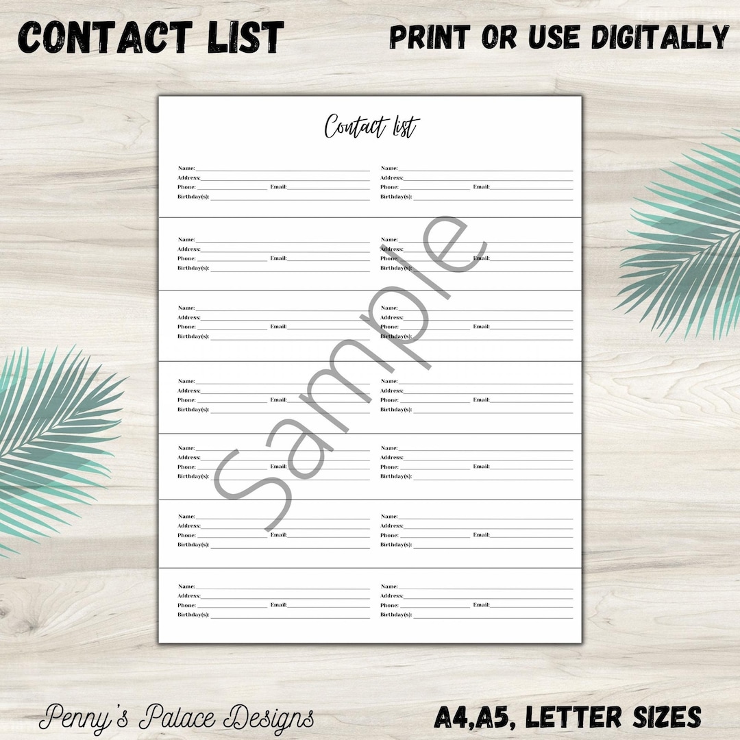 Contact List-digital Download-instant Download-digital Planner-address ...