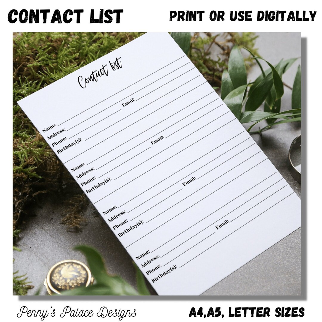 Contact List-digital Download-instant Download-digital Planner-address ...