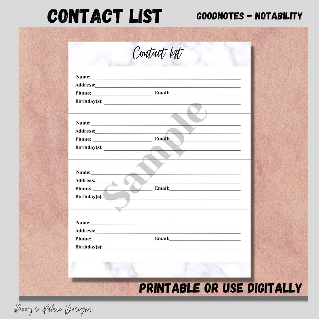 Contact List-digital Download-instant Download-digital Planner-address ...