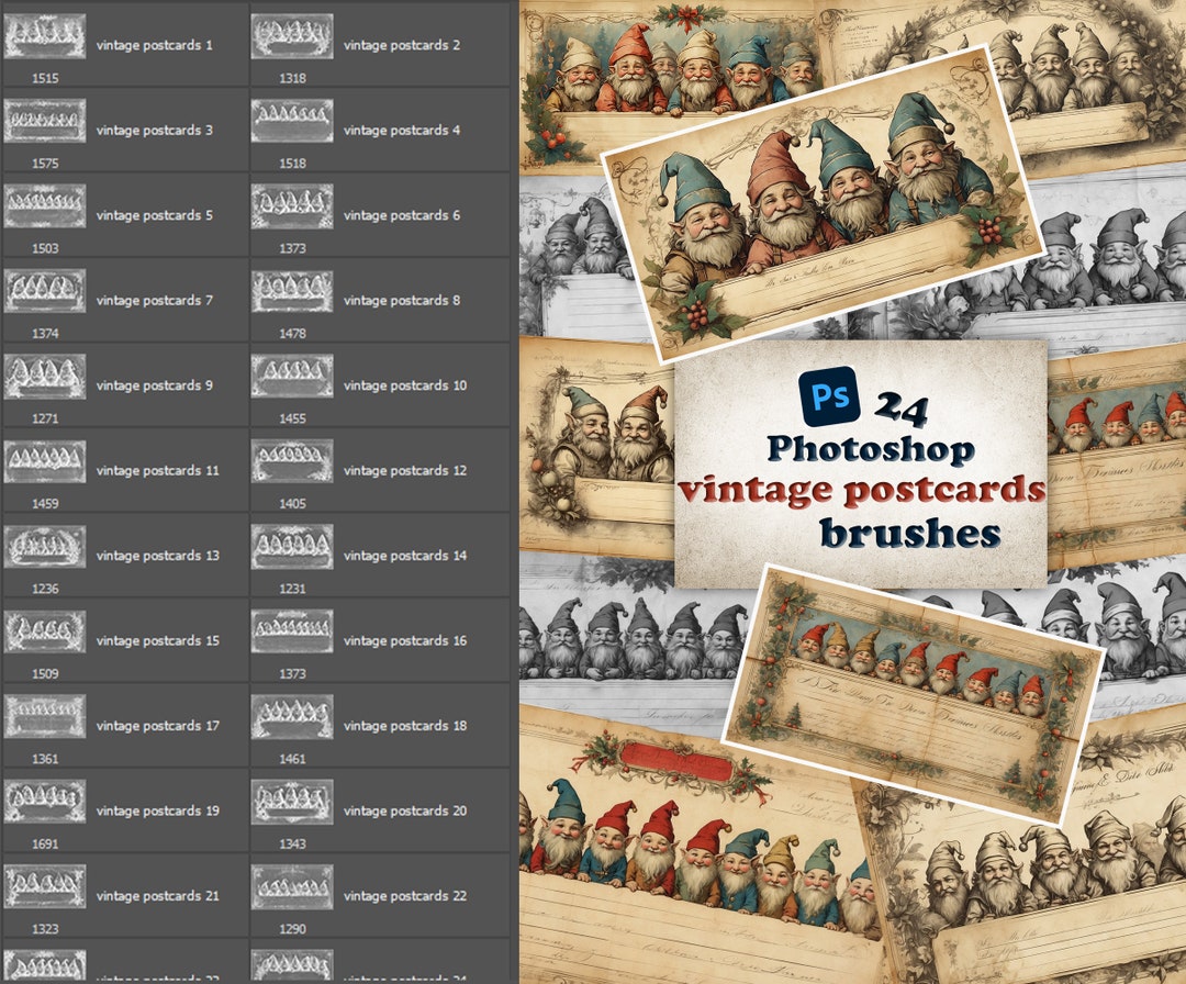 Vintage Gnome Cards, Photoshop Brushes, Christmas Cards, Decorative Cards, Postcards, ABR ...