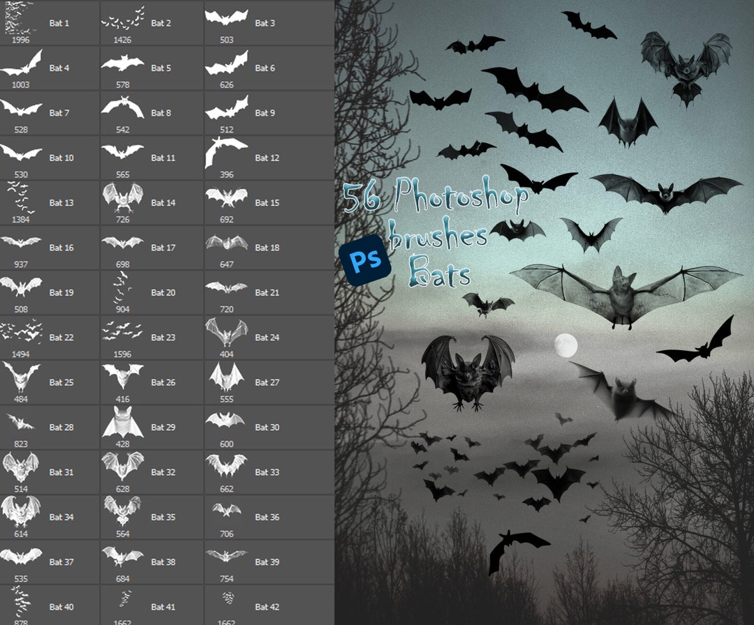 56 Photoshop Brushes Bats, Halloween Bat Brush for Ps, Bat Design Stamp ...