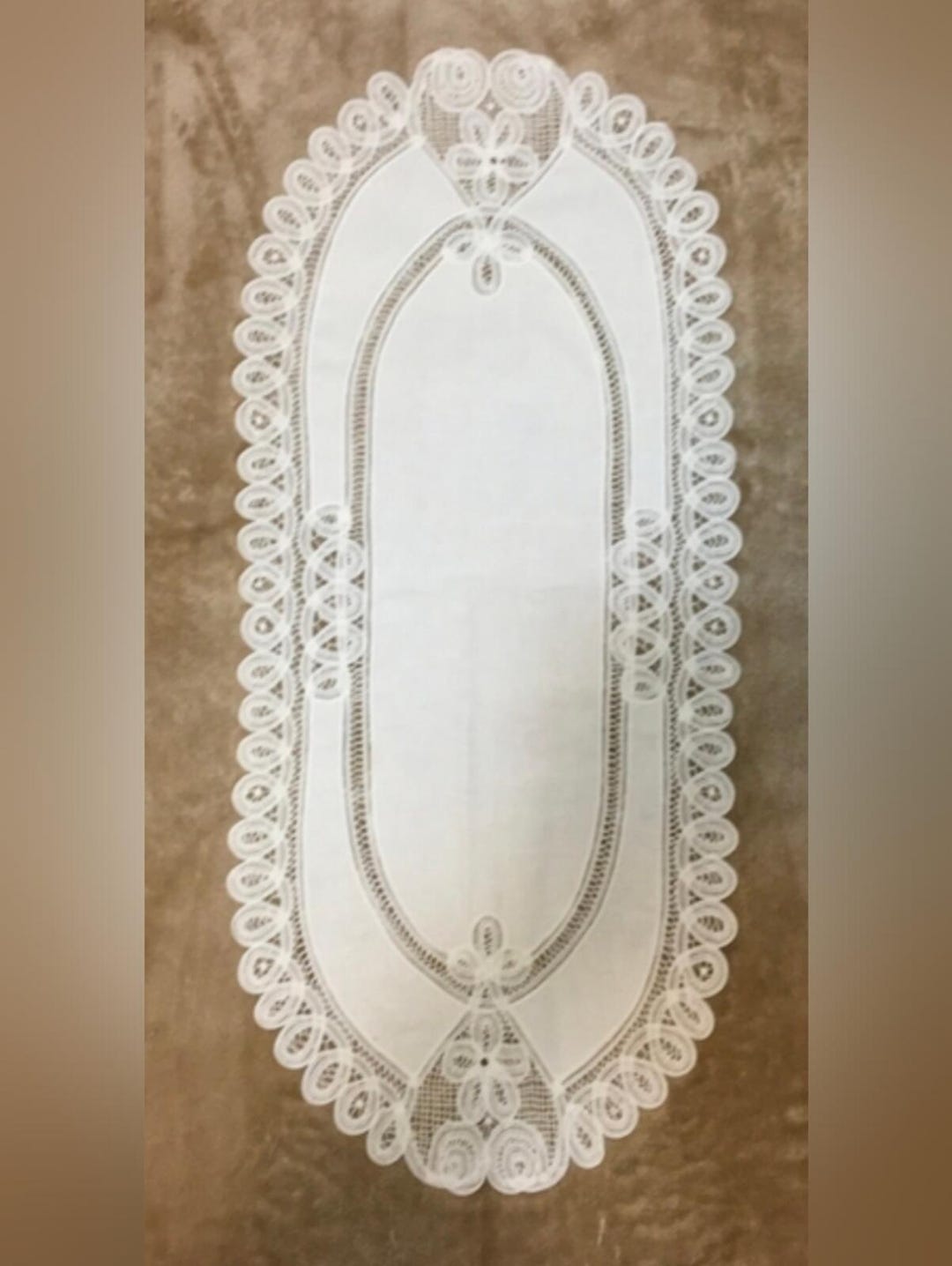 Elegant Vintage White Lace Oval Table Runner – Intricate Floral Cutwork ...