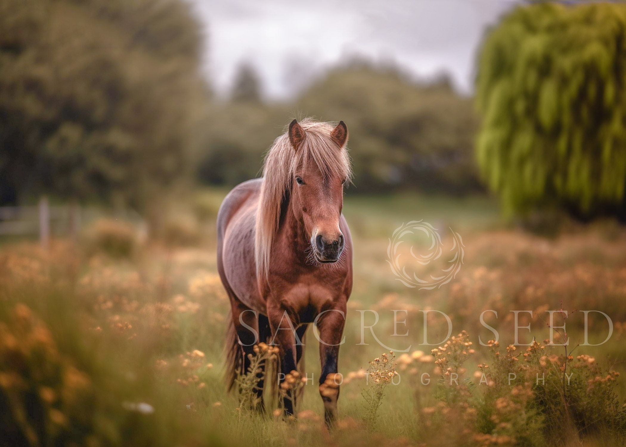 Brown Horse, Pony in a Flower Field, Meadow, Spring Dreamy Backdrop ...