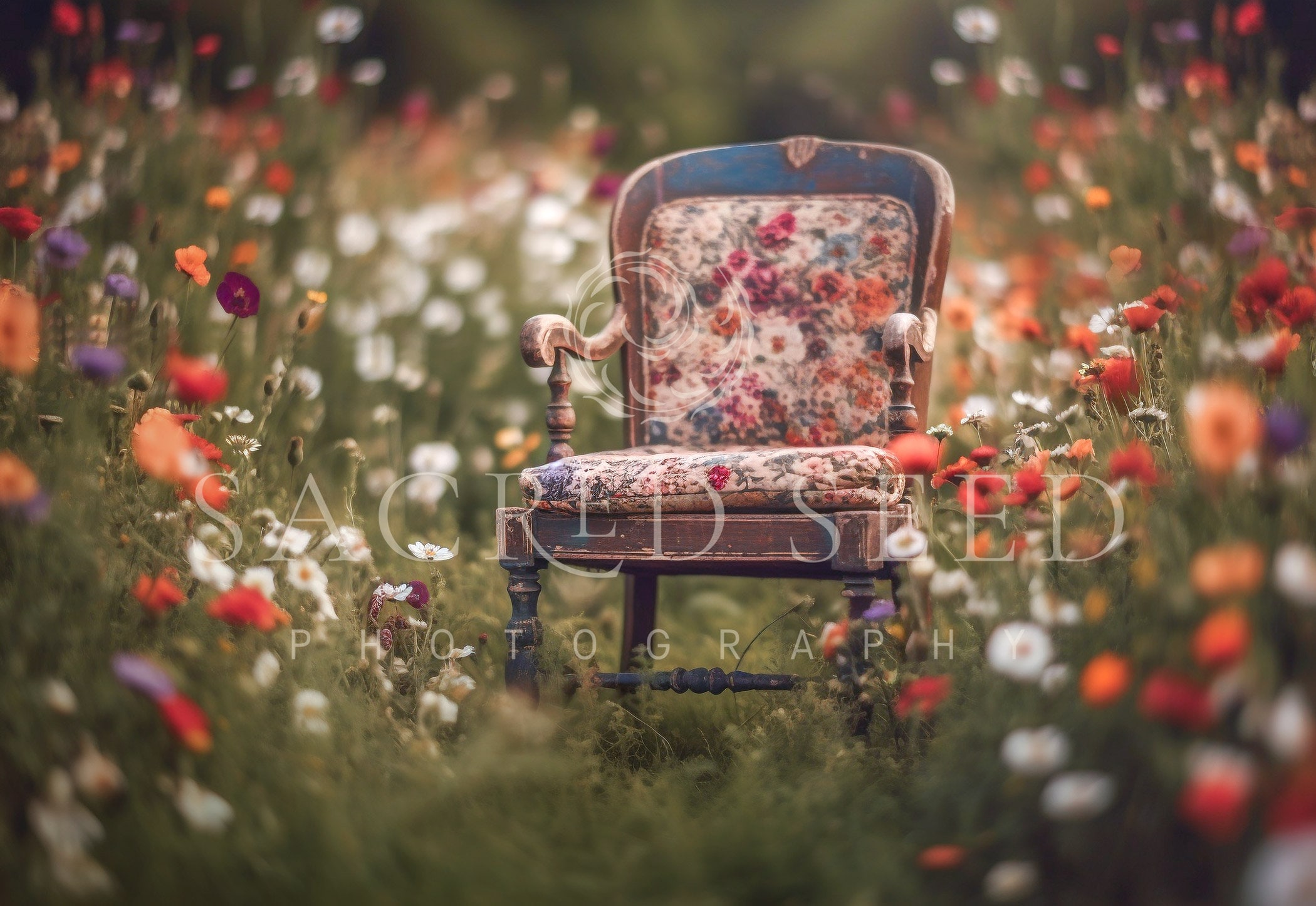 An Old Wooden Chair in a Flower Field, Spring Backdrop, Summer Digital ...