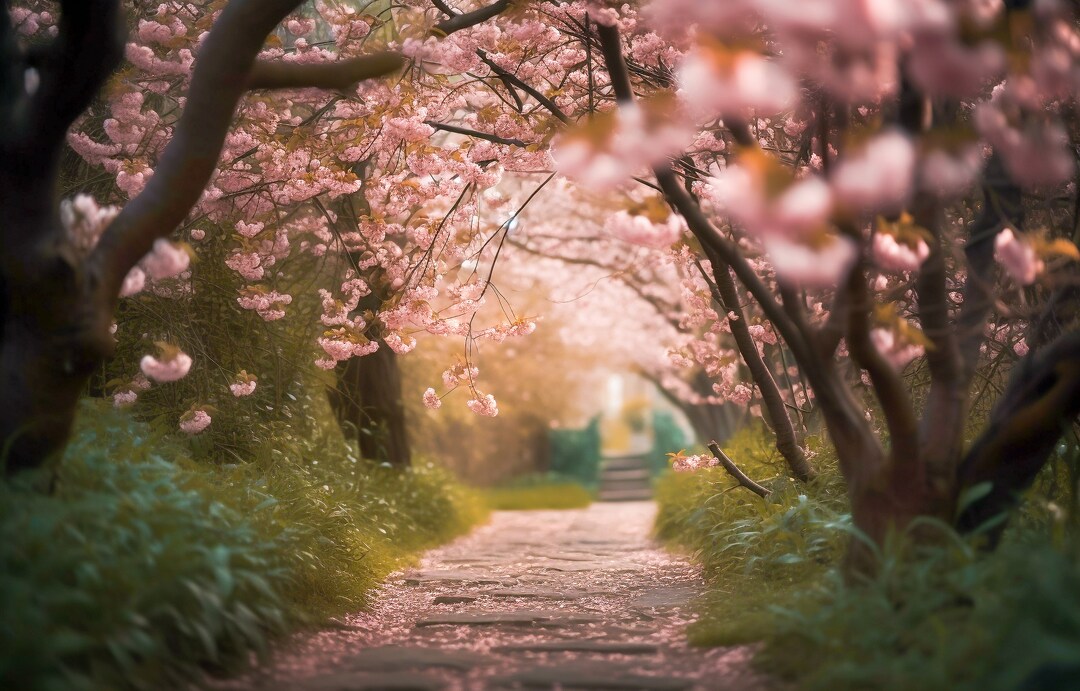 Pink Blossoms Pathway, Path Spring Backdrop, Summer Digital Backdrop ...