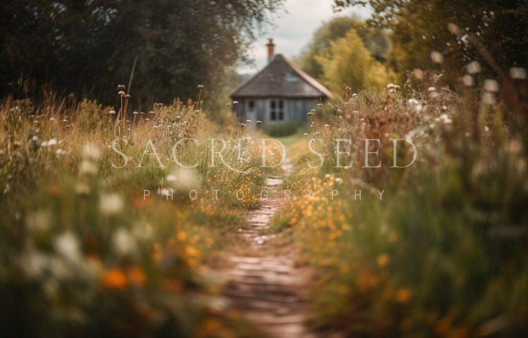 Cottage Meadow Pathway, Hut, Flowers, Spring Backdrop, Summer Digital ...