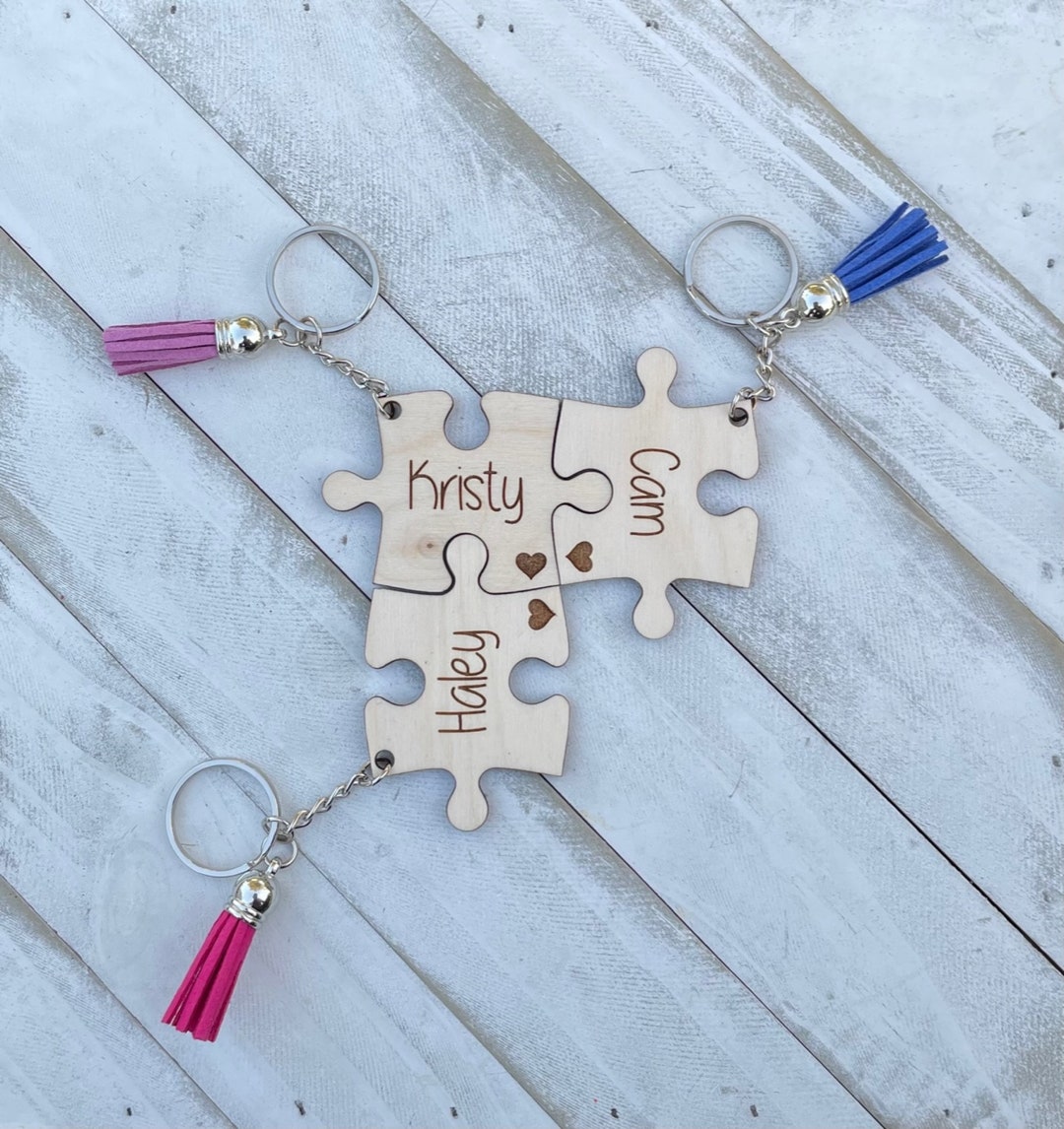 Personalized Puzzle Keychain: Engraved Birch Wood, BFF Gift - Etsy
