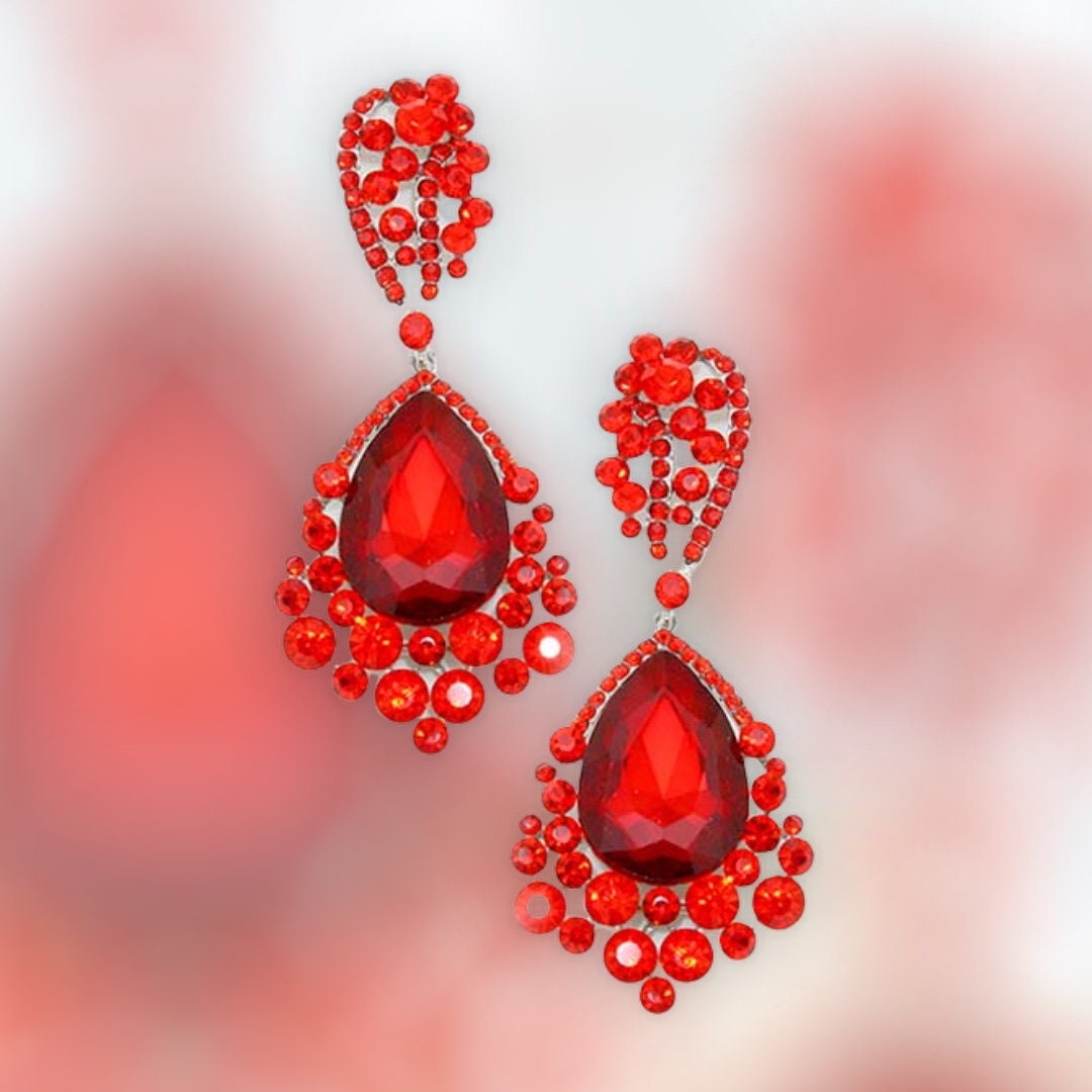 Large Red Crystal Earrings Red Rhinestone Earrings Prom - Etsy